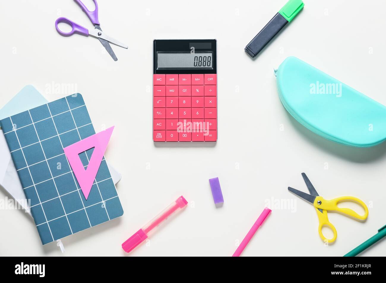 Modern calculator and stationery on white background Stock Photo - Alamy