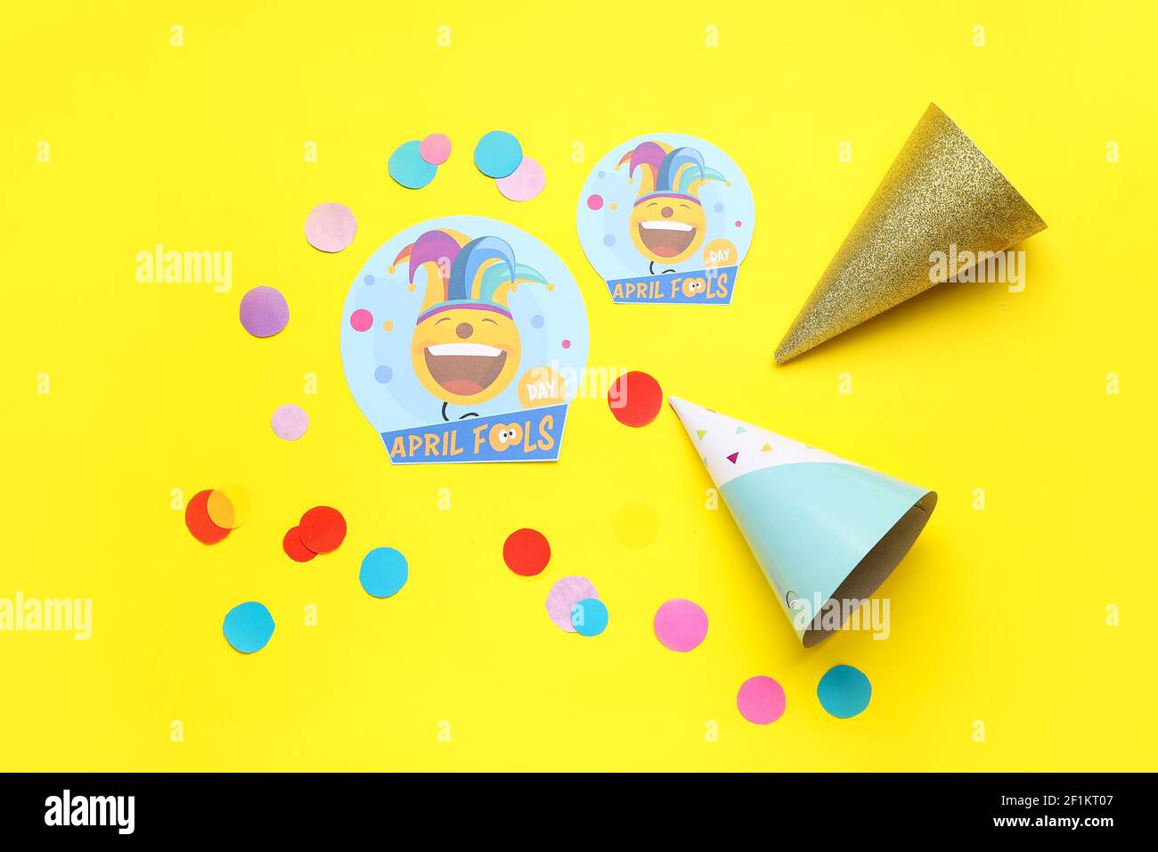 Party decor for April Fools Day on color background Stock Photo - Alamy