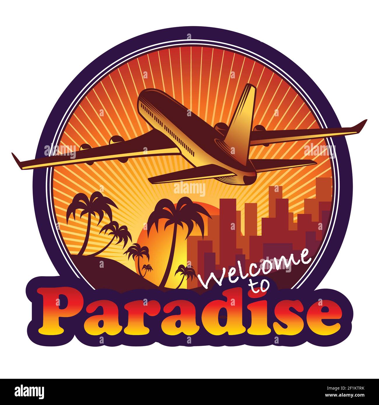 Paradise travel label with airplane on sunset background Stock Vector ...