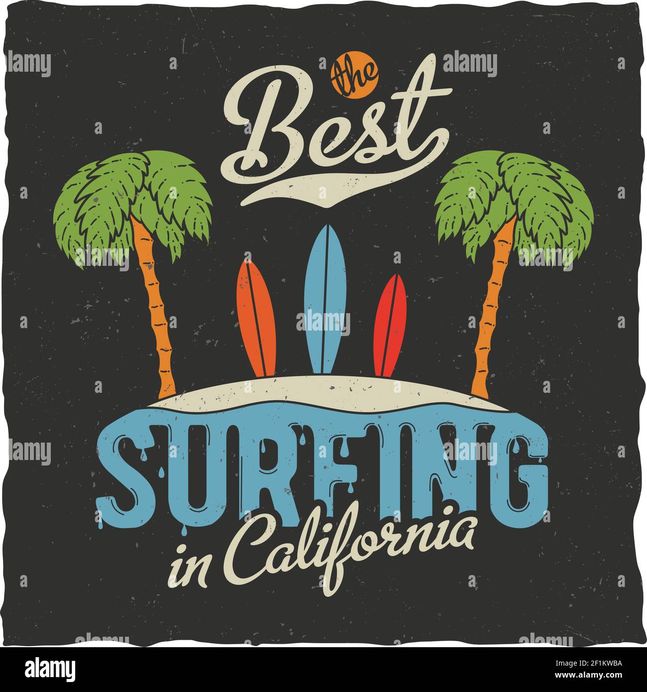 Best surfing in california poster with palms and beach vector ...