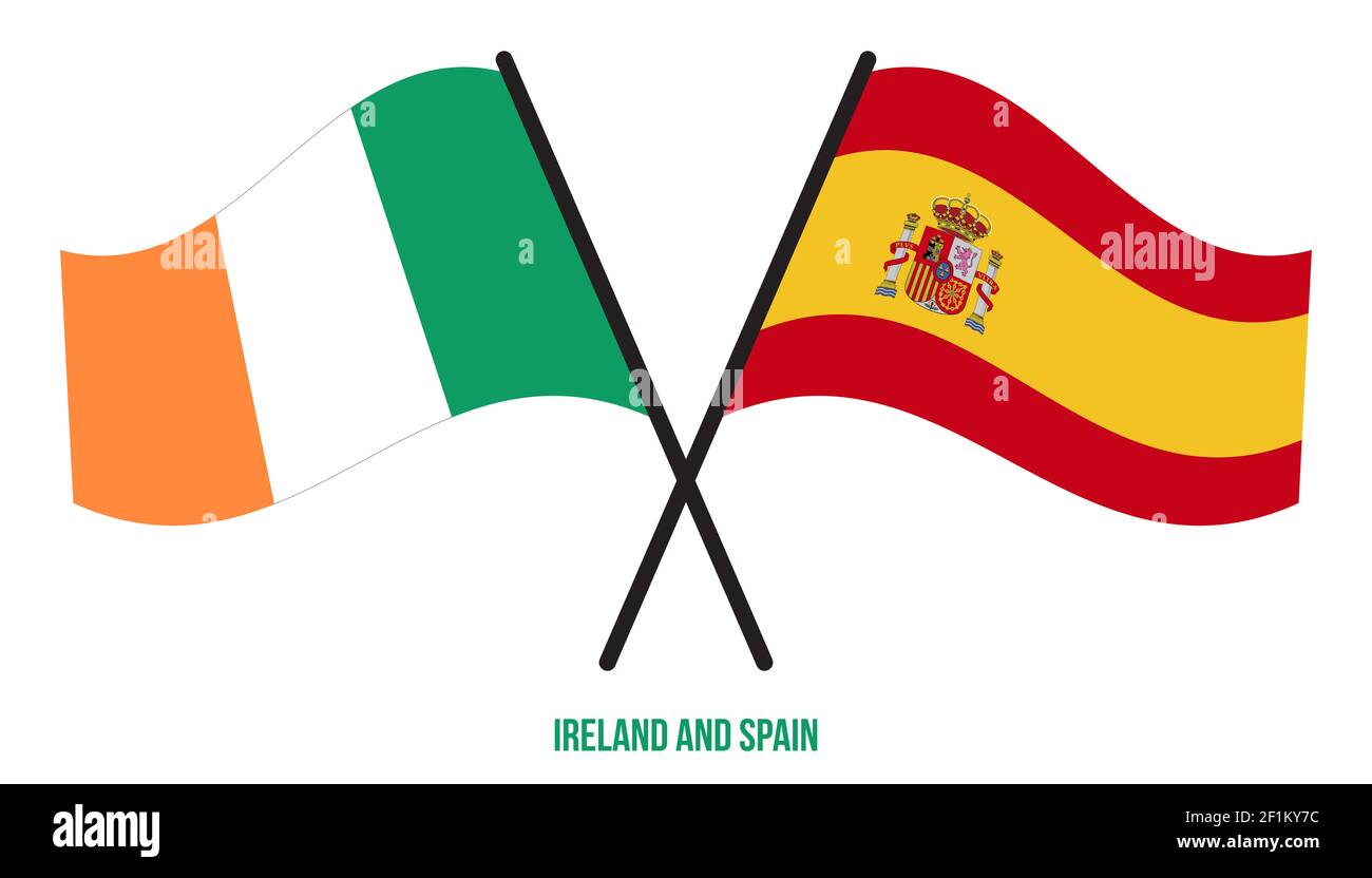 Ireland and Spain Flags Crossed And Waving Flat Style. Official ...