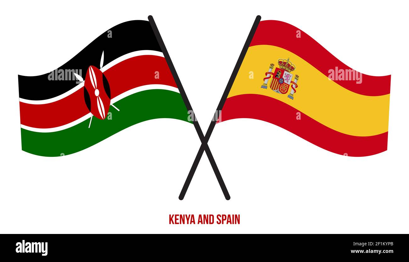 Kenya and Spain Flags Crossed And Waving Flat Style. Official ...