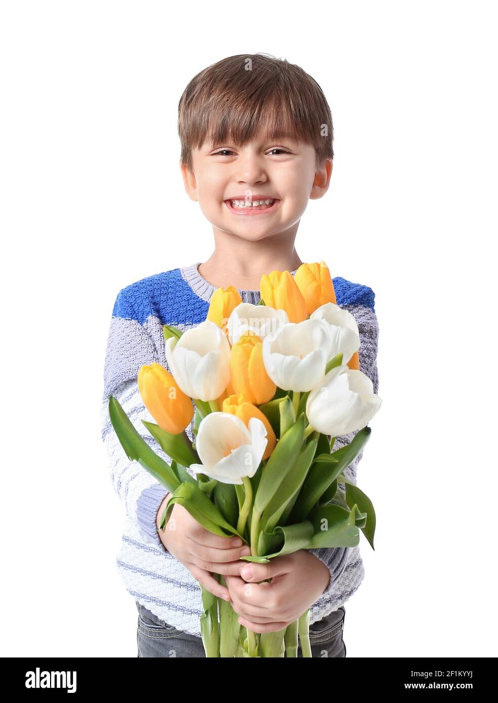Cute little boy with spring flowers on white background Stock Photo - Alamy