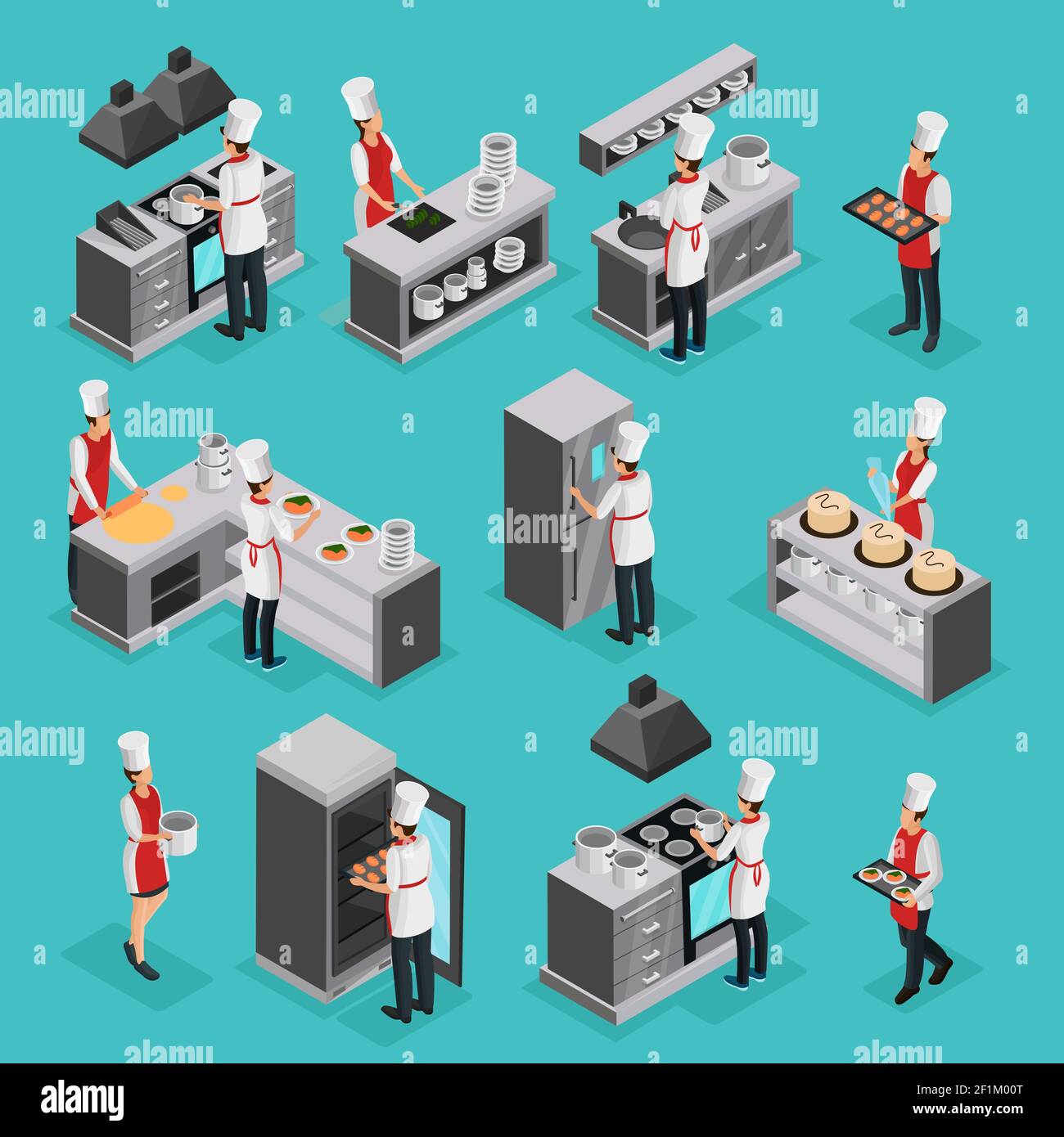 Isometric cooking process elements set with professional cooks ...