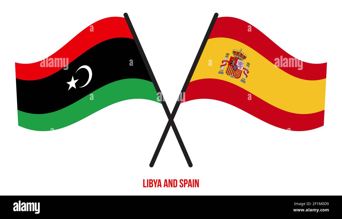 Libya and Spain Flags Crossed And Waving Flat Style. Official ...