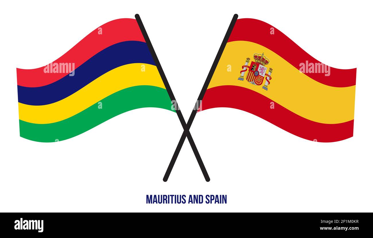 Mauritius and Spain Flags Crossed And Waving Flat Style. Official ...