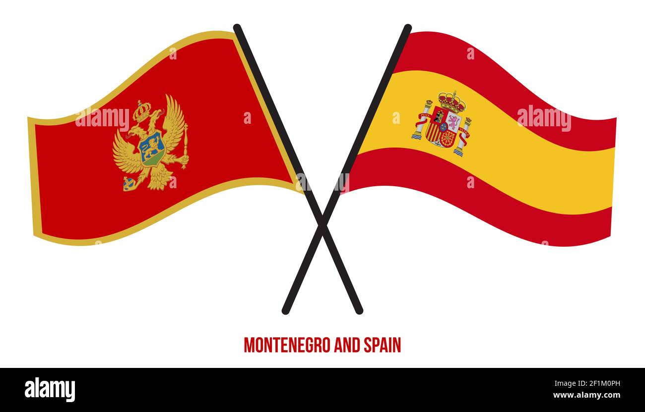 Montenegro and Spain Flags Crossed And Waving Flat Style. Official ...