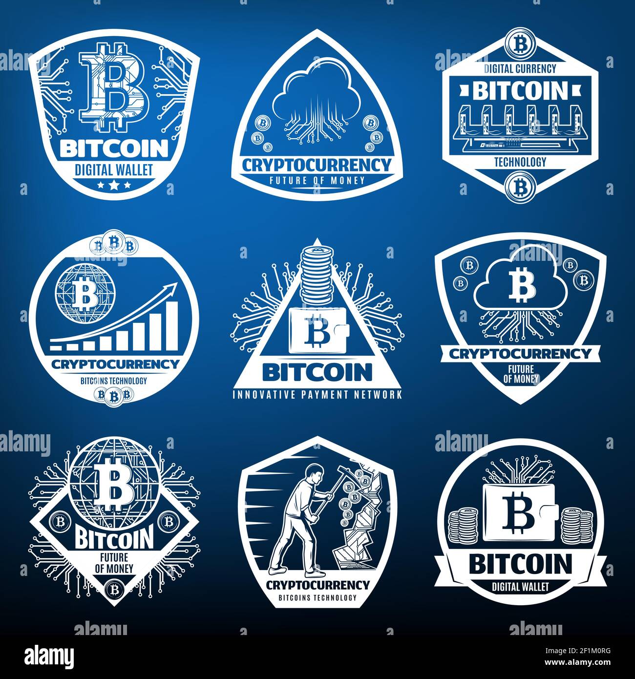 Vintage bitcoin currency labels set with payment network server ...