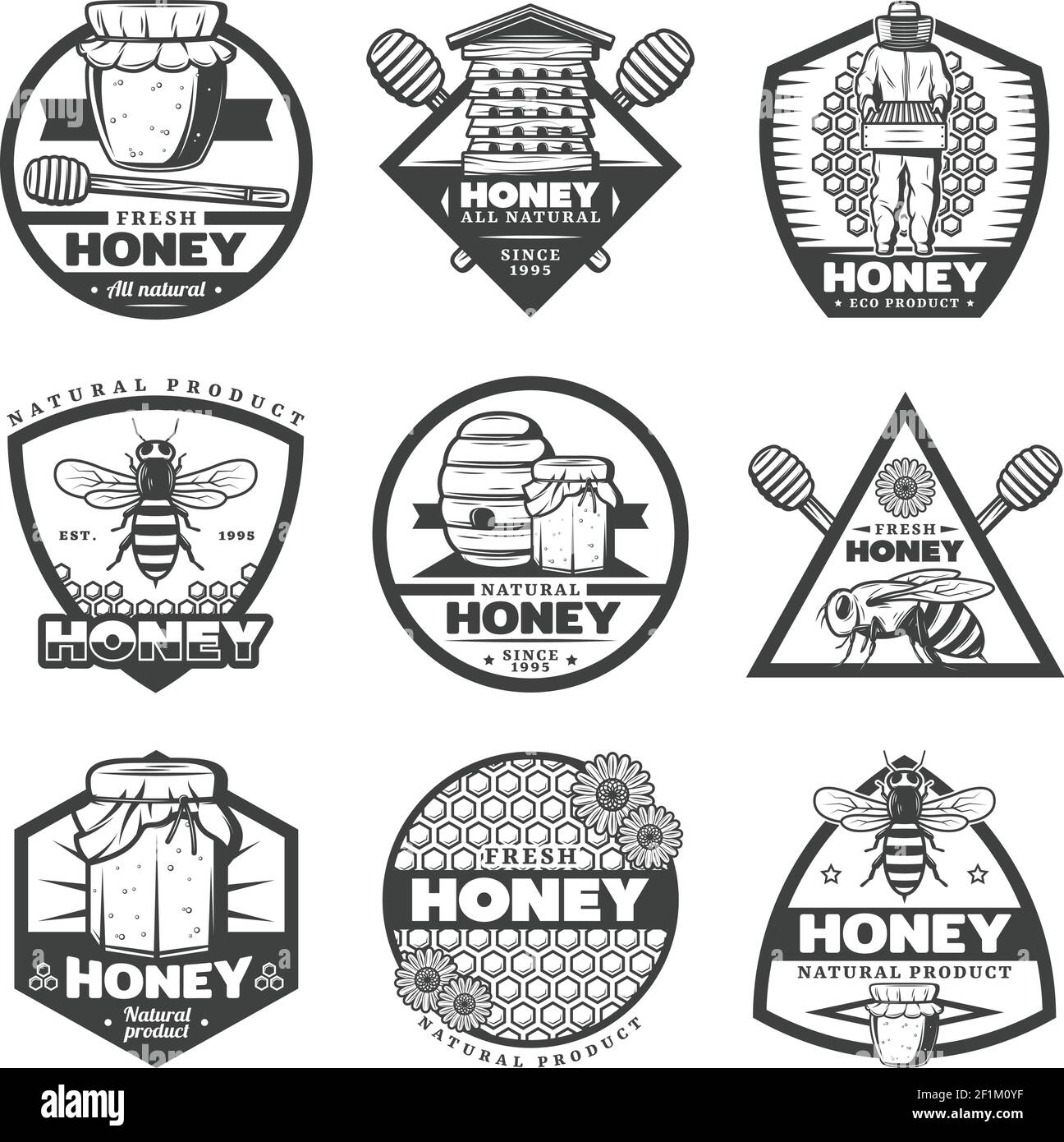 Vintage monochrome honey labels set with hive beekeeper sticks bee ...