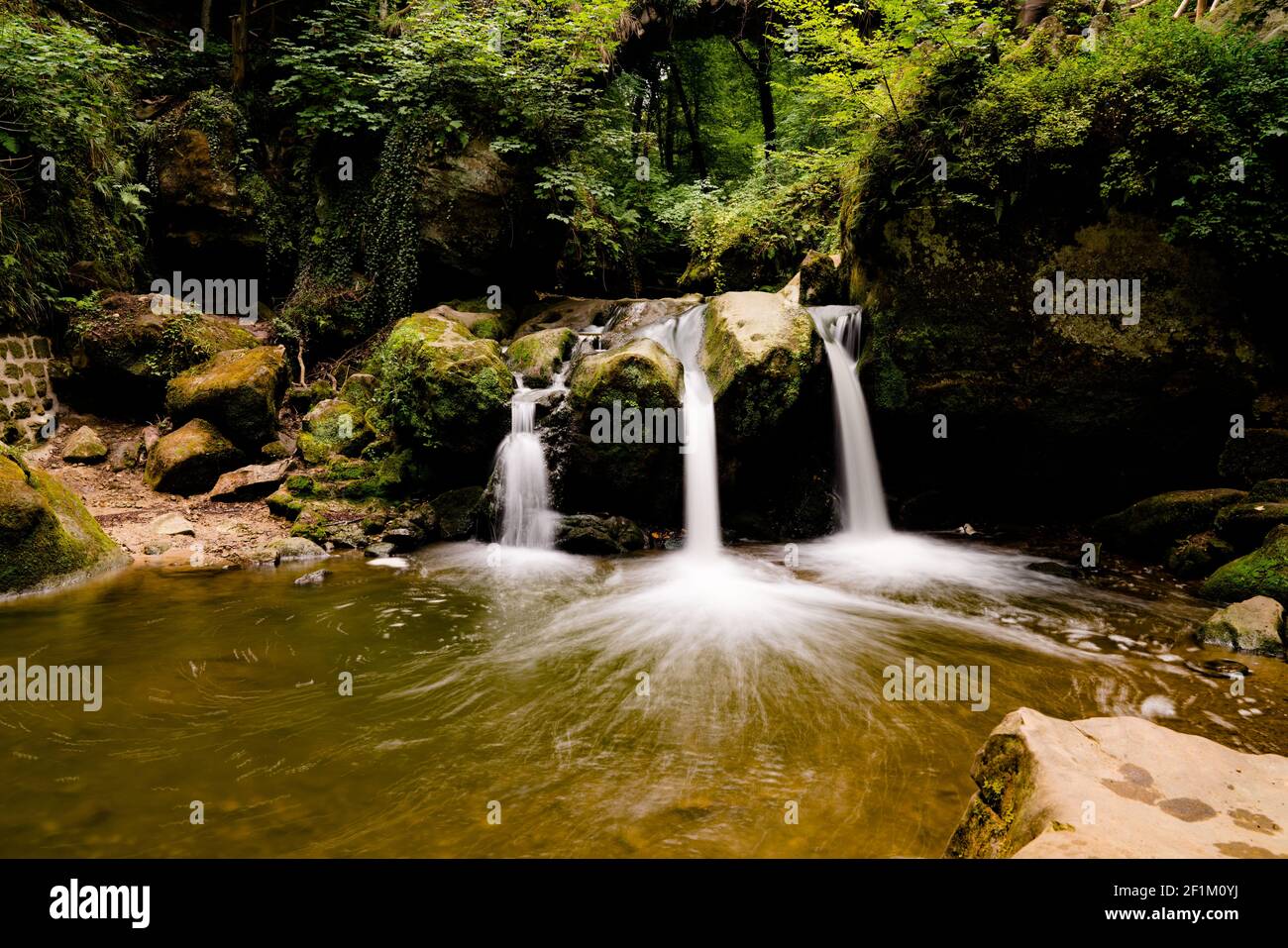 Idyllic small waterfall in lush green forest landscape Stock Photo - Alamy