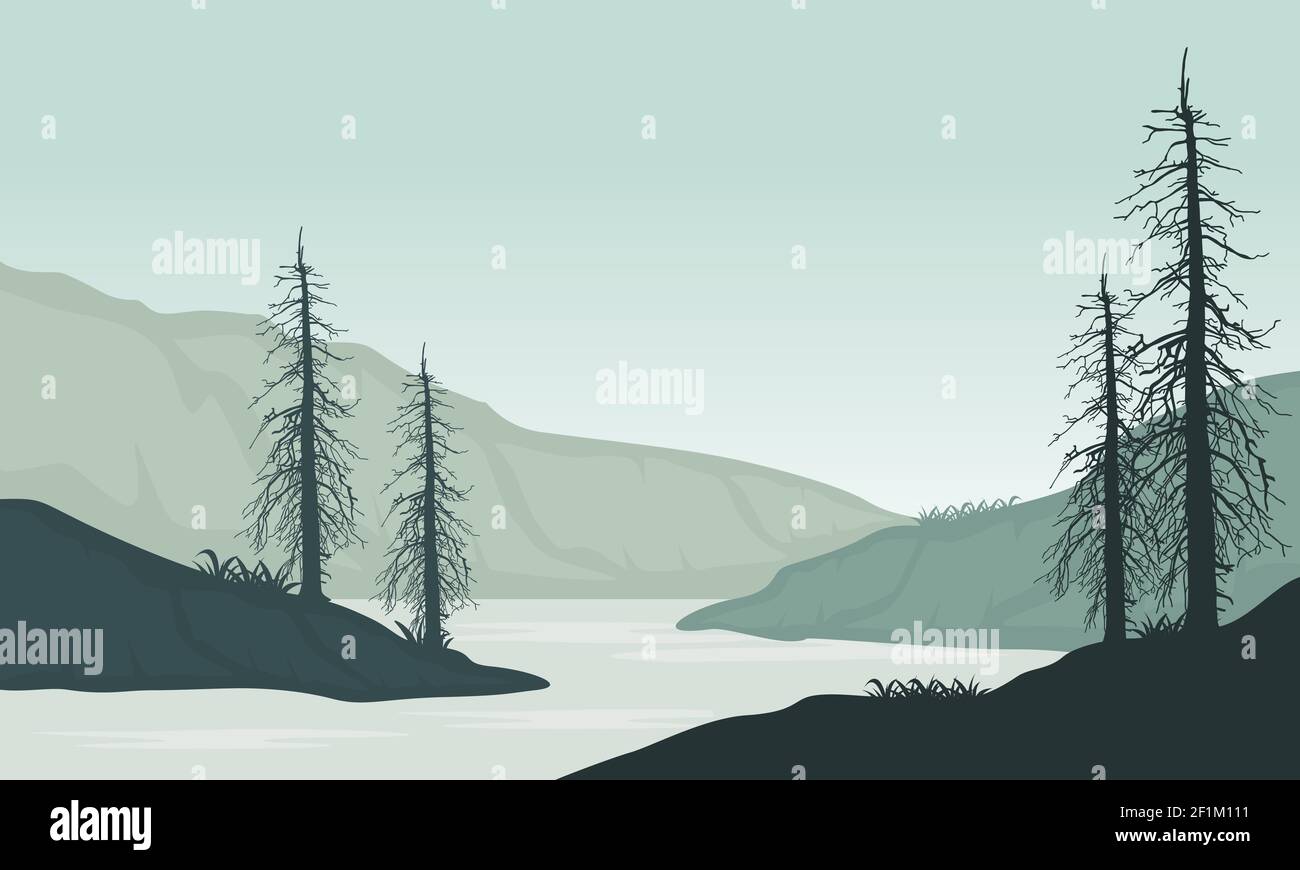 Great view of the mountains from the riverbank in the morning. Vector ...