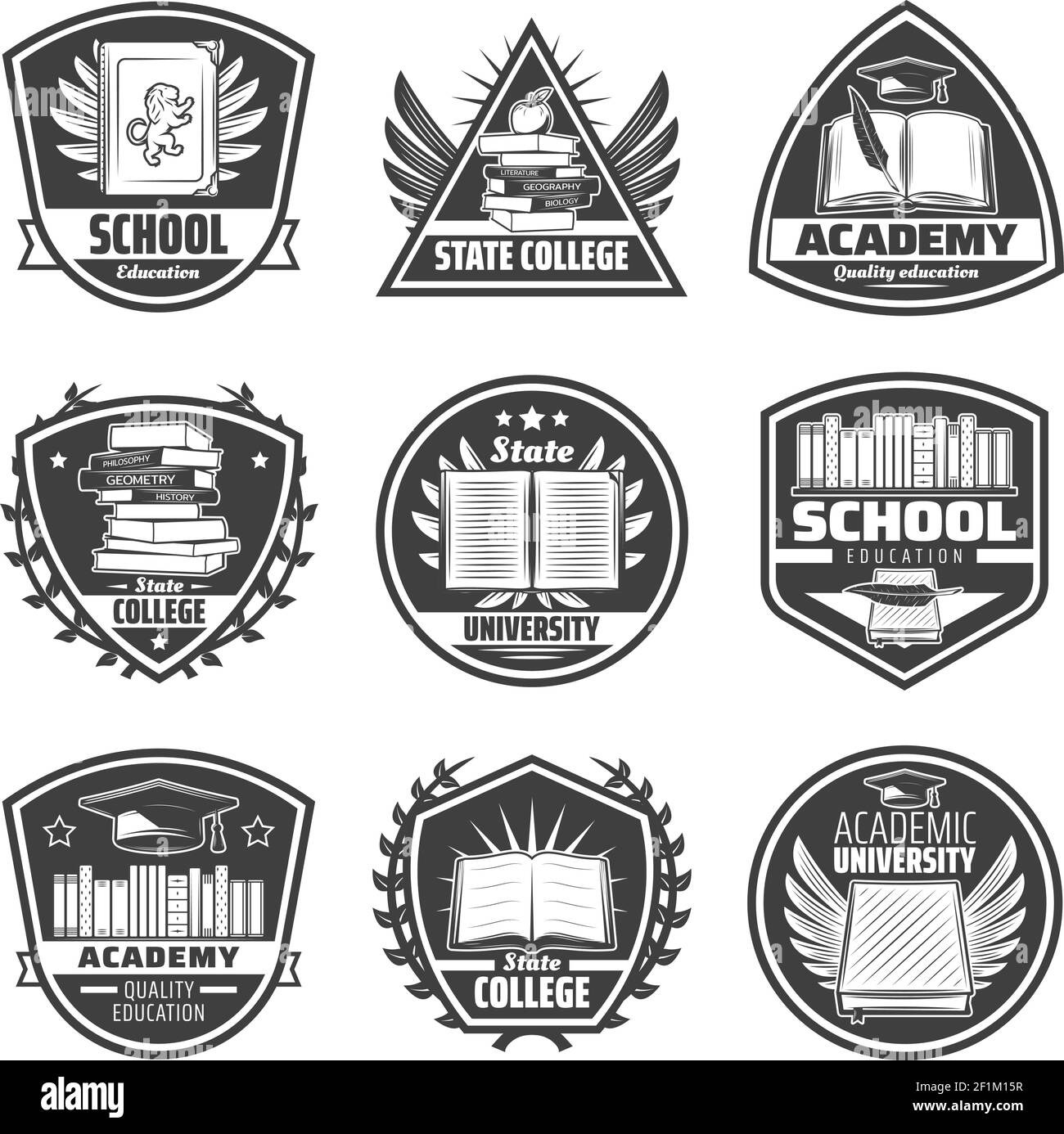 Vintage monochrome education labels set with inscriptions books diploma ...