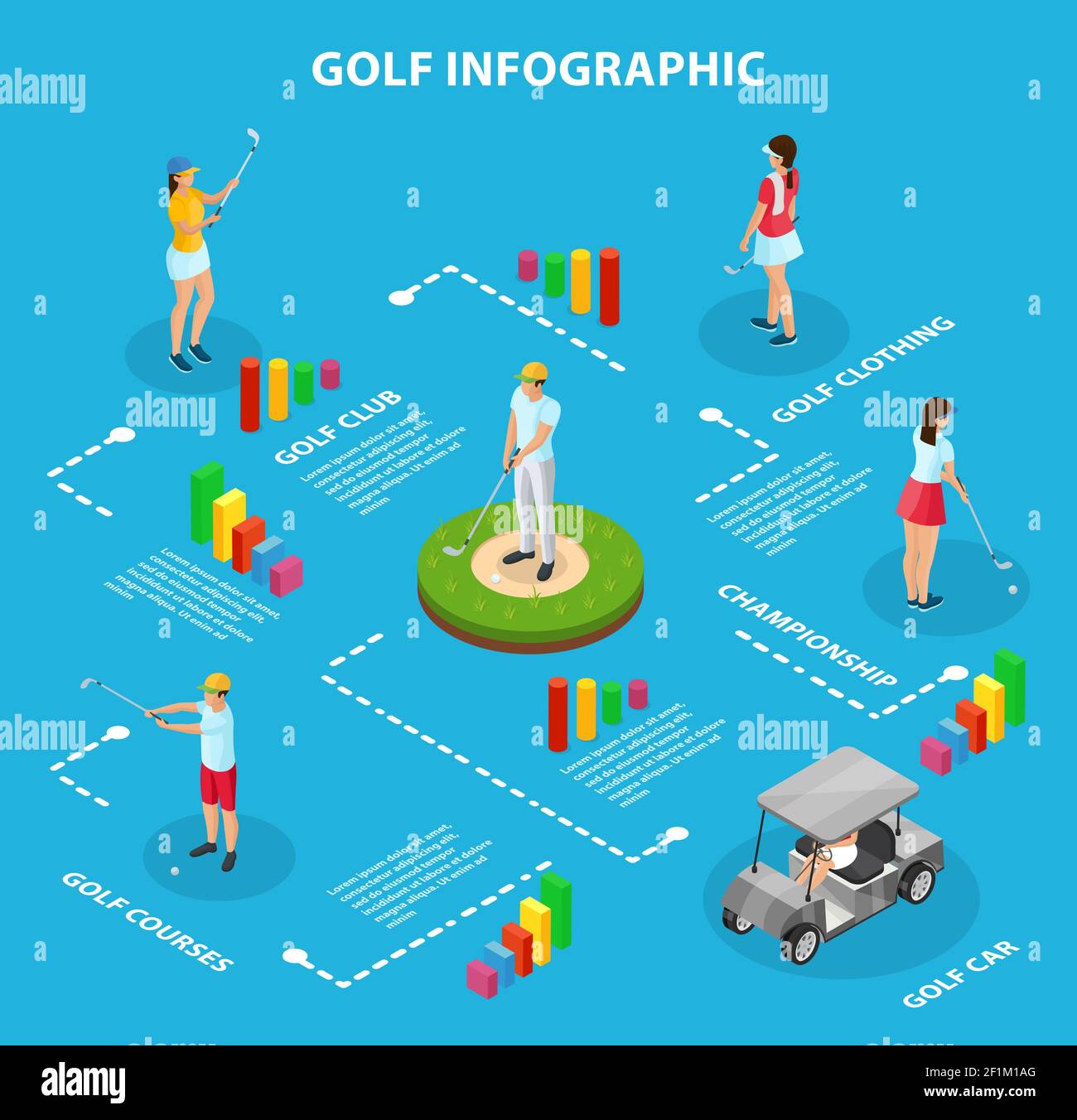 Isometric golf game infographic concept with cart golfers wearing sport ...