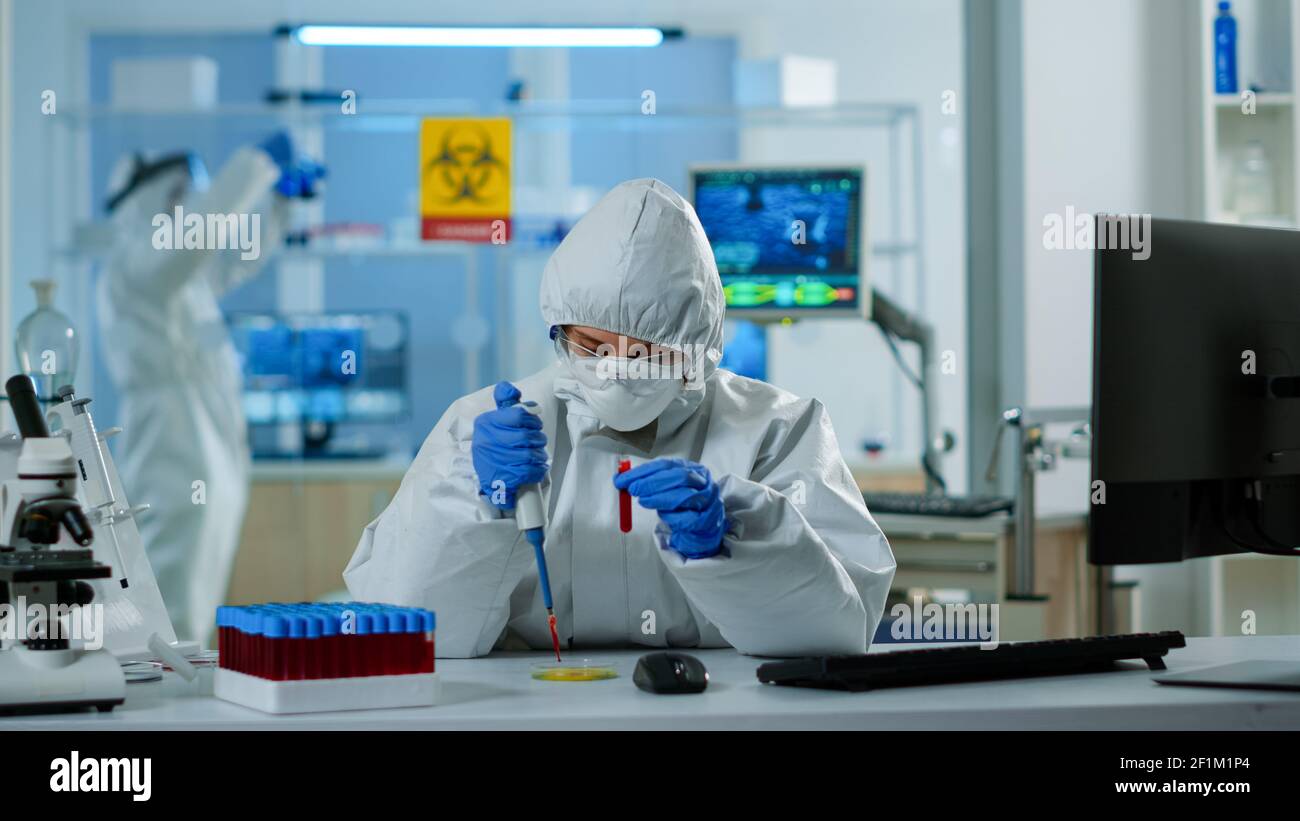 Science technician in ppe suit using micropipette and petri dish ...