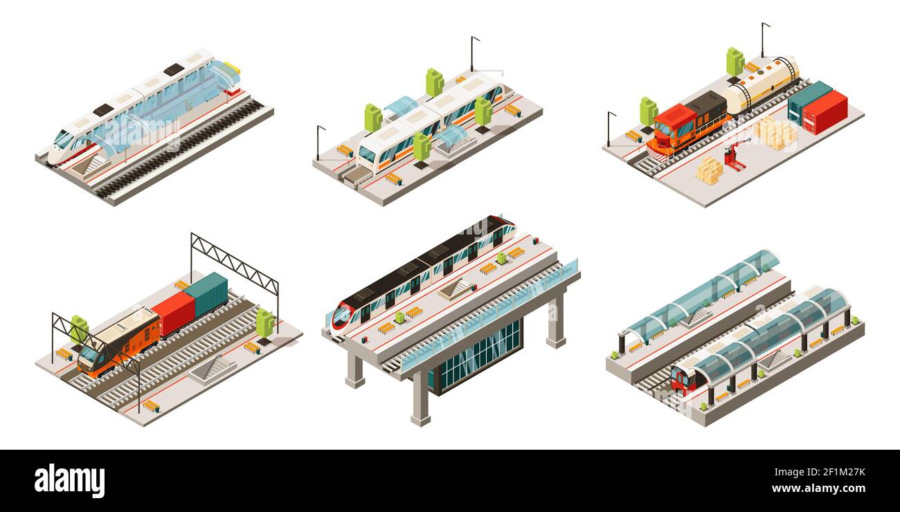 Isometric modern railway transport collection with locomotive freight ...