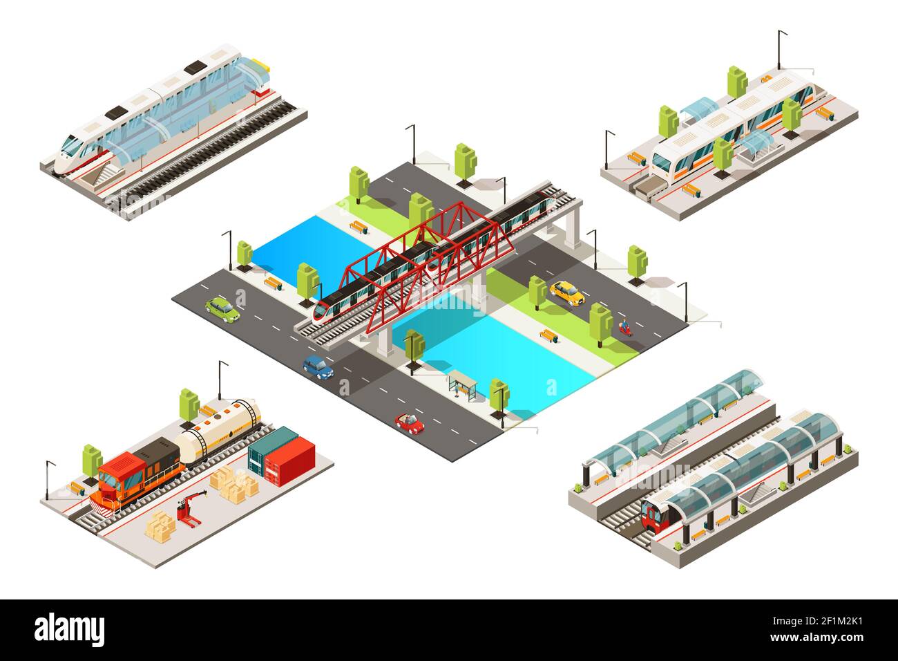 Isometric modern trains concept with passenger freight railway vehicles ...
