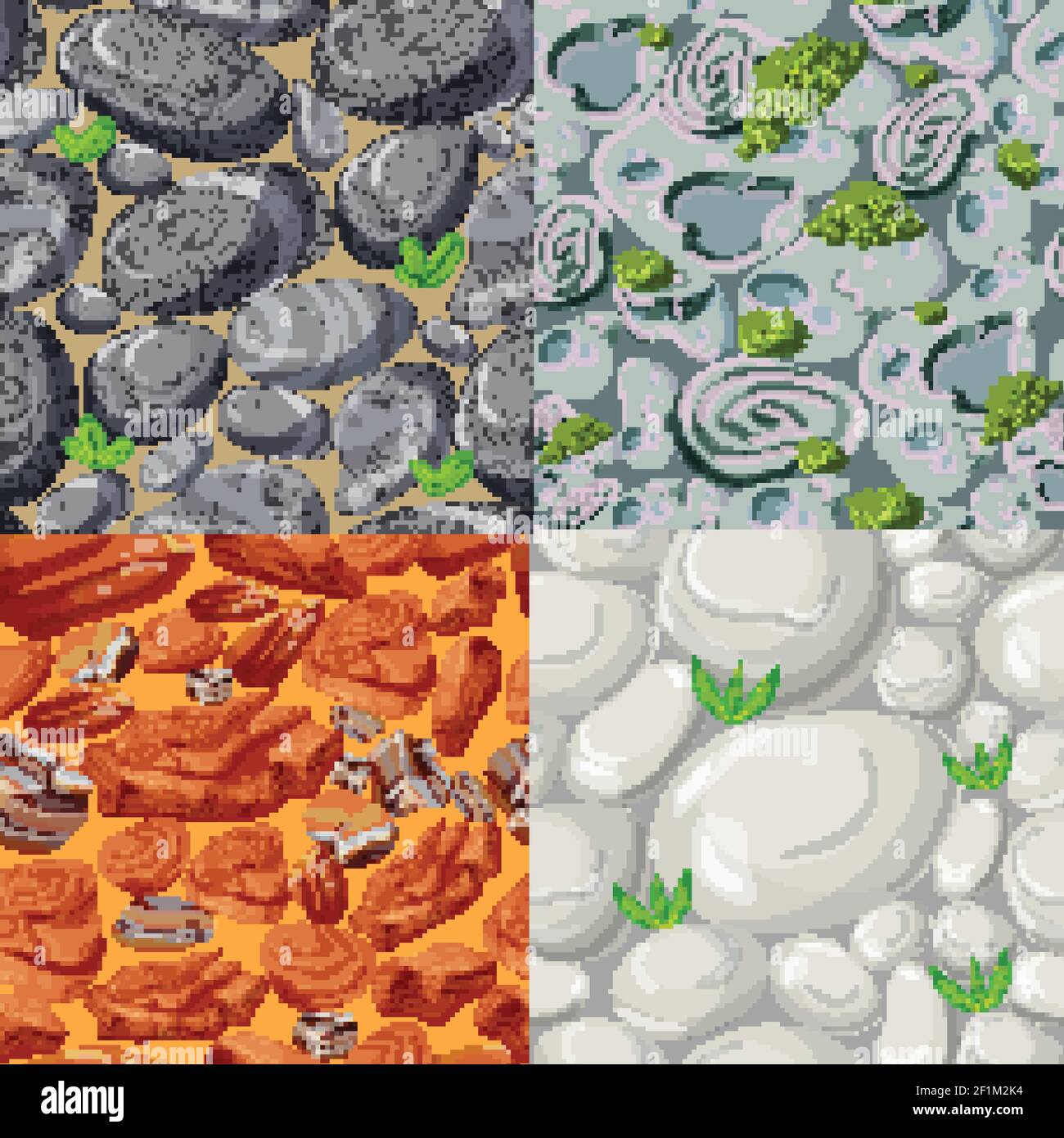 Cartoon stones seamless patterns set with plants and rocks of different ...