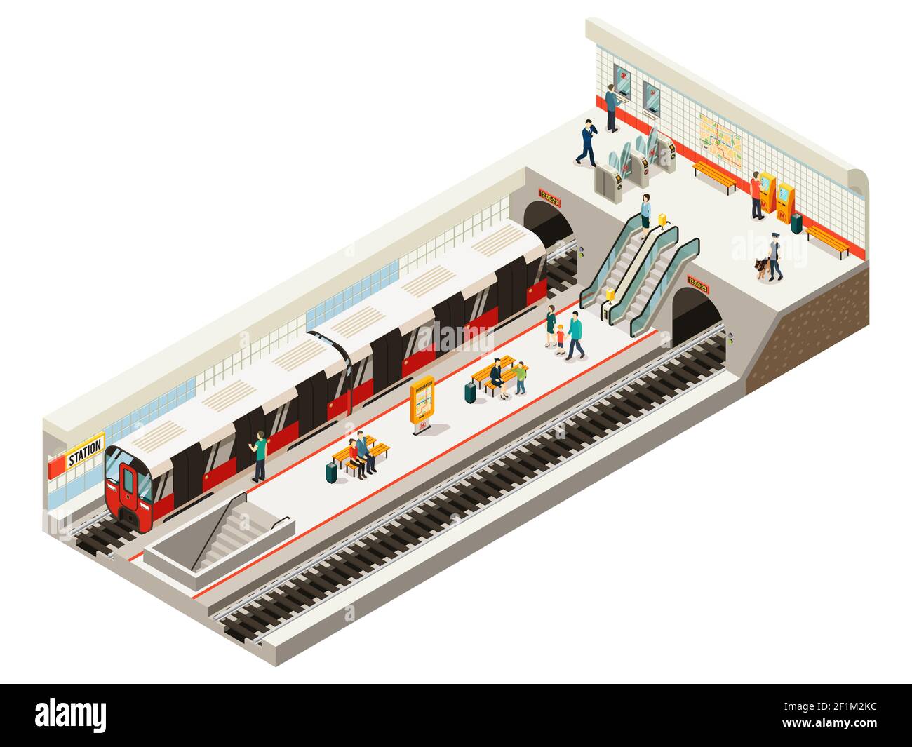 Isometric subway station concept with train ticket gates information ...