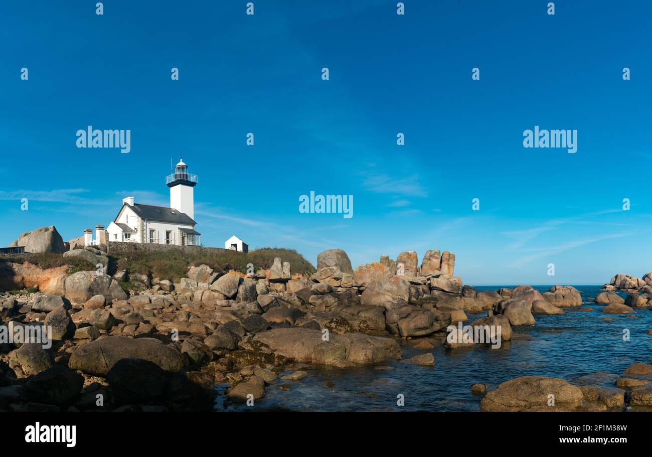 View of the Pontusval lighthouse on the north coast of Brittany in ...