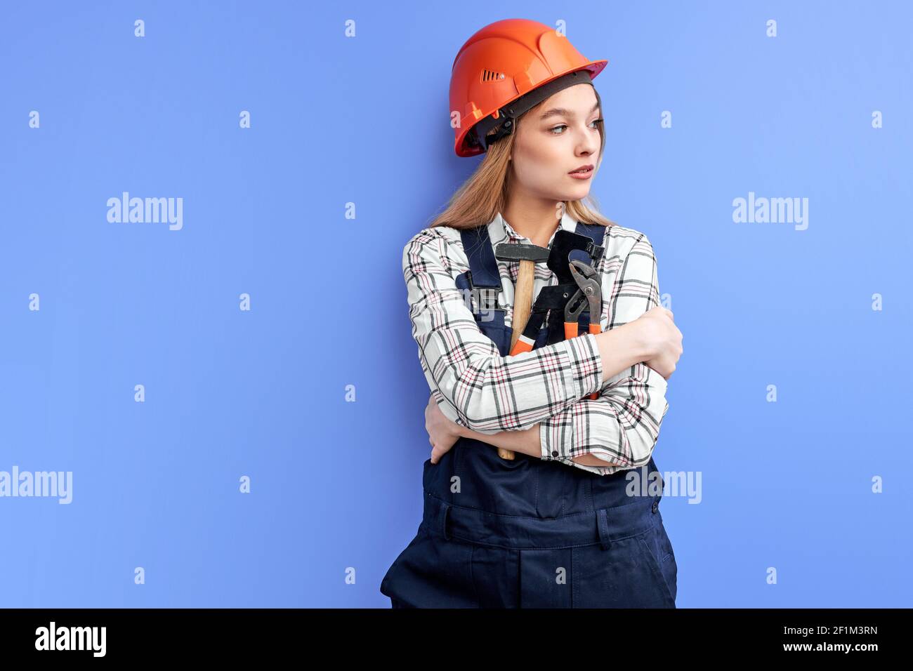 Busy Engineer Constructor Woman Looking at side hugging Adjustable ...