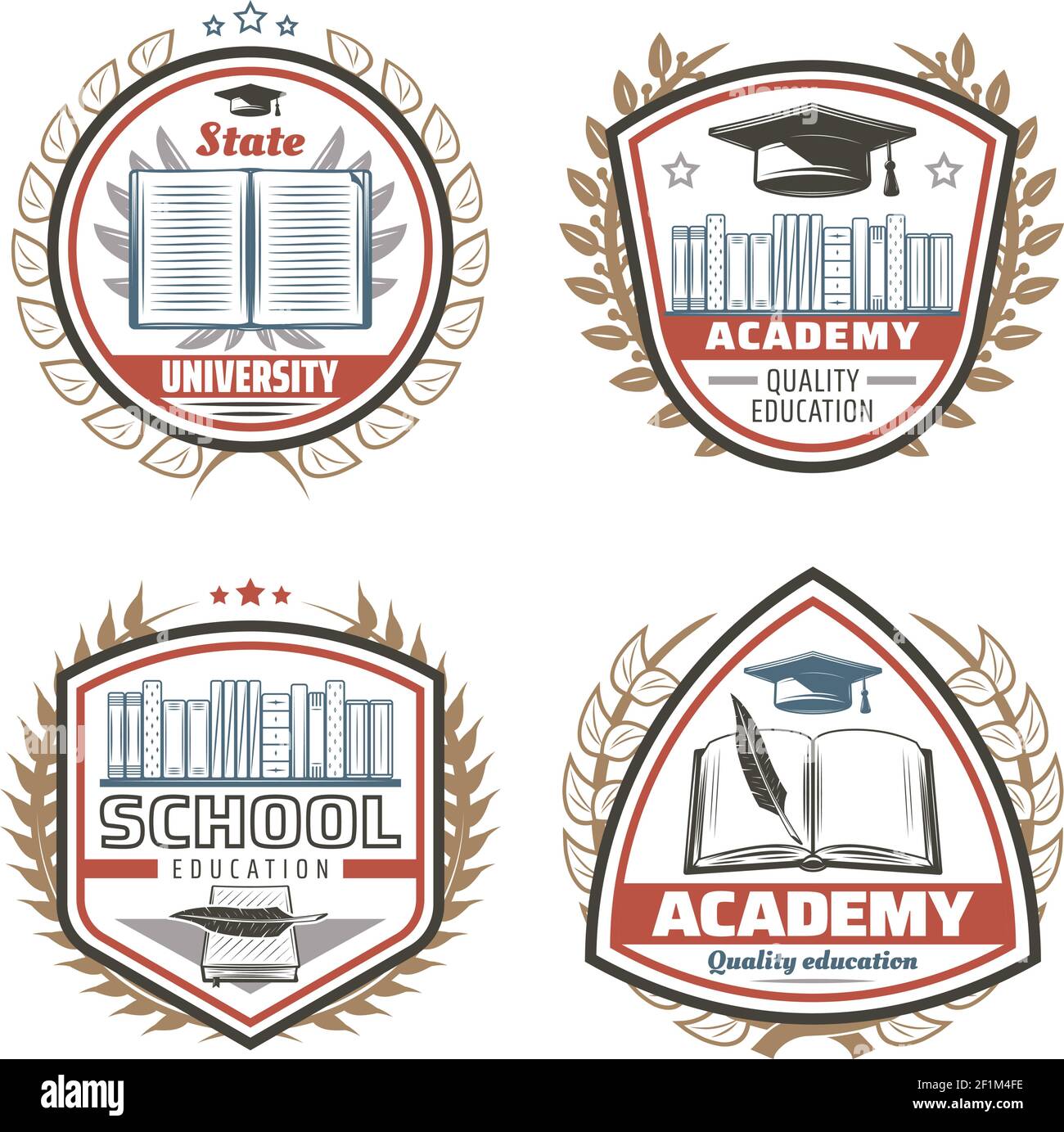 Vintage colored education emblems set with inscriptions books bookshelf ...