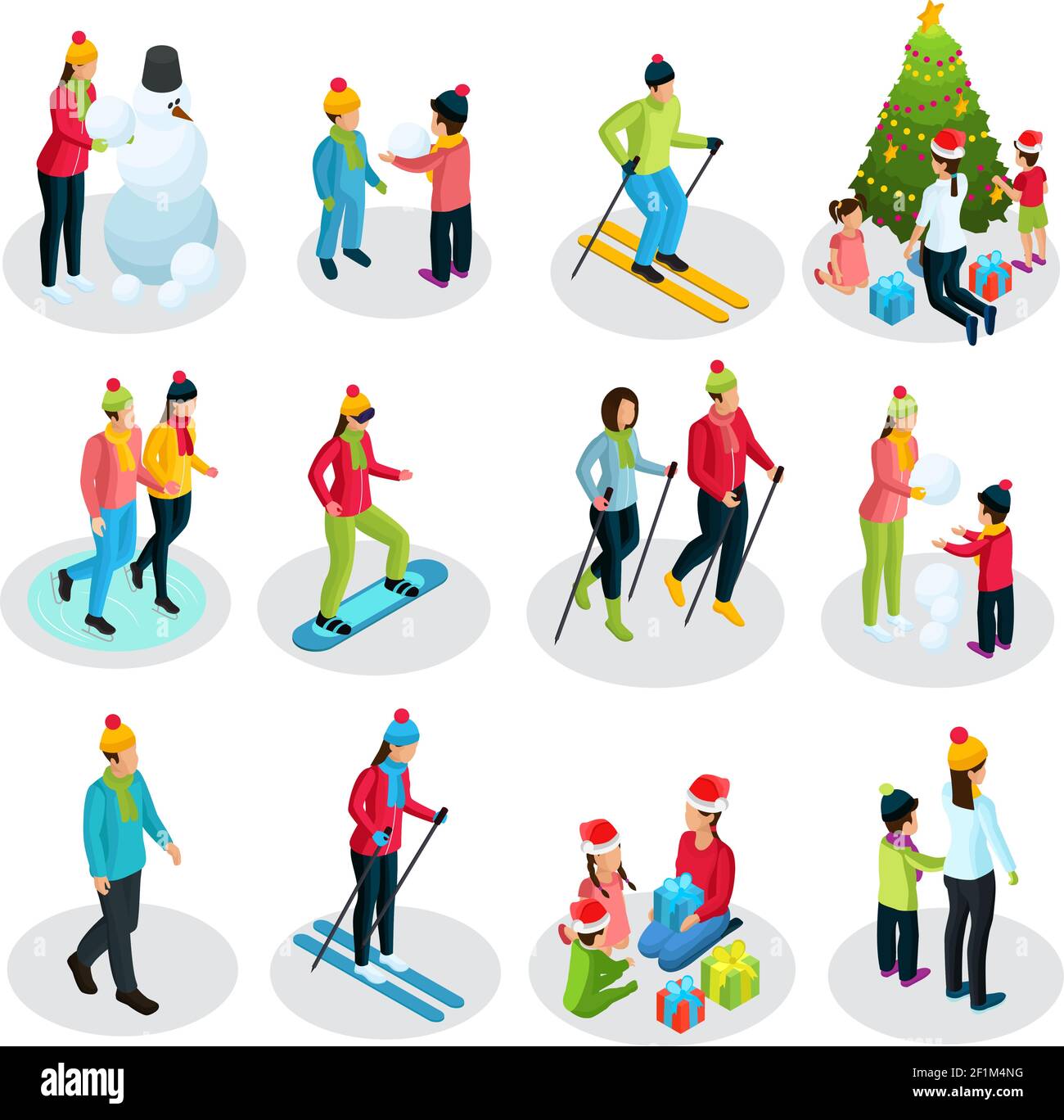 Isometric people on winter holidays set with parents and children ...