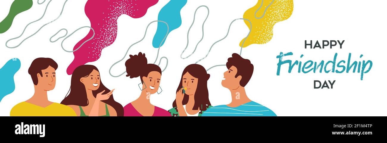 Happy friendship day banner illustration of smiling young people friend ...