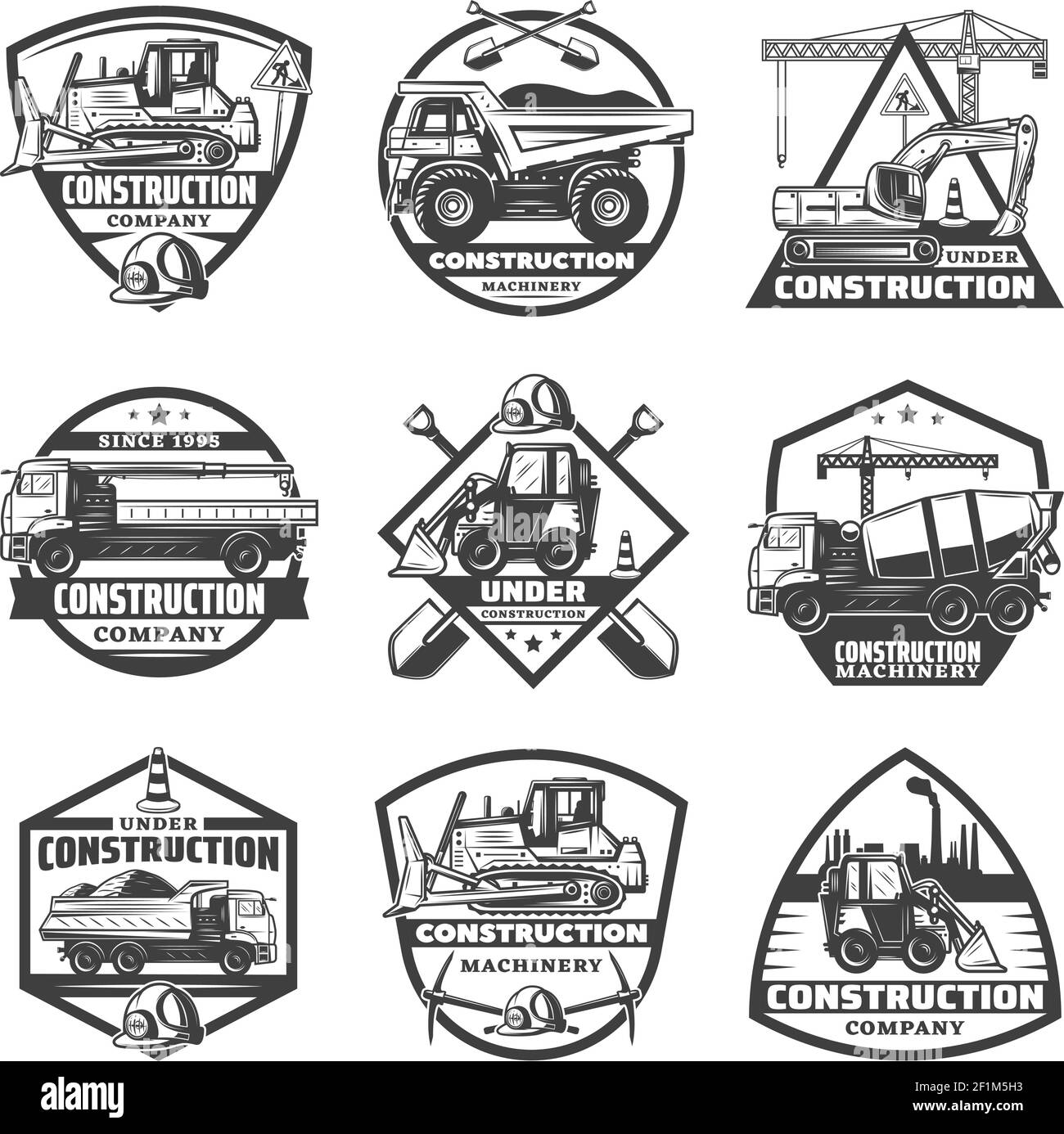 Vintage monochrome construction labels set with inscriptions building ...