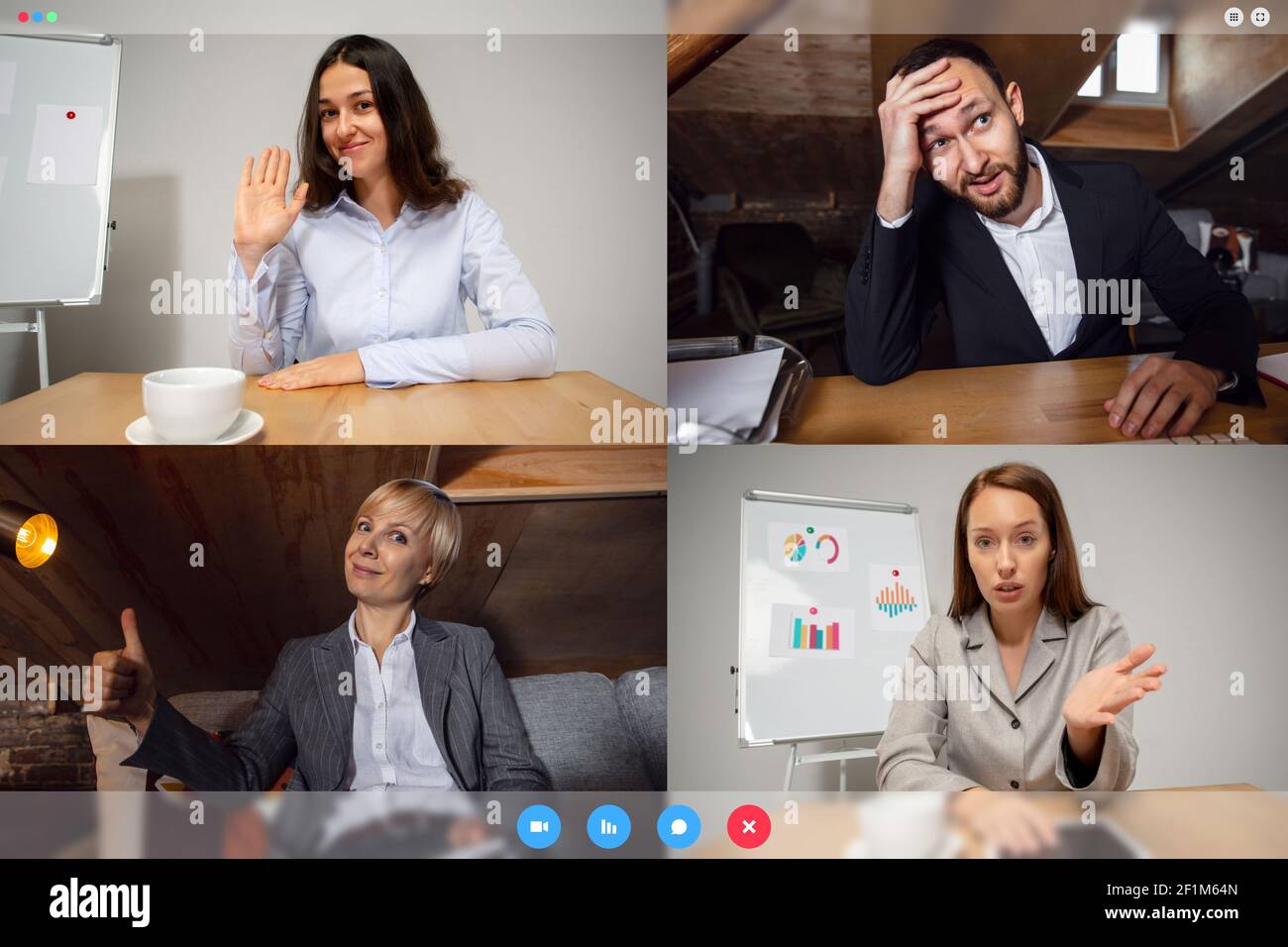 Improvement, busy. Young colleagues talking, working in videoconference ...