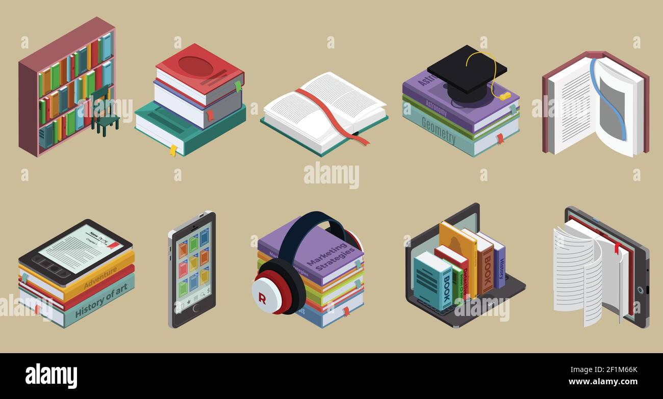 Isometric colorful books collection with bookshelf educational ...