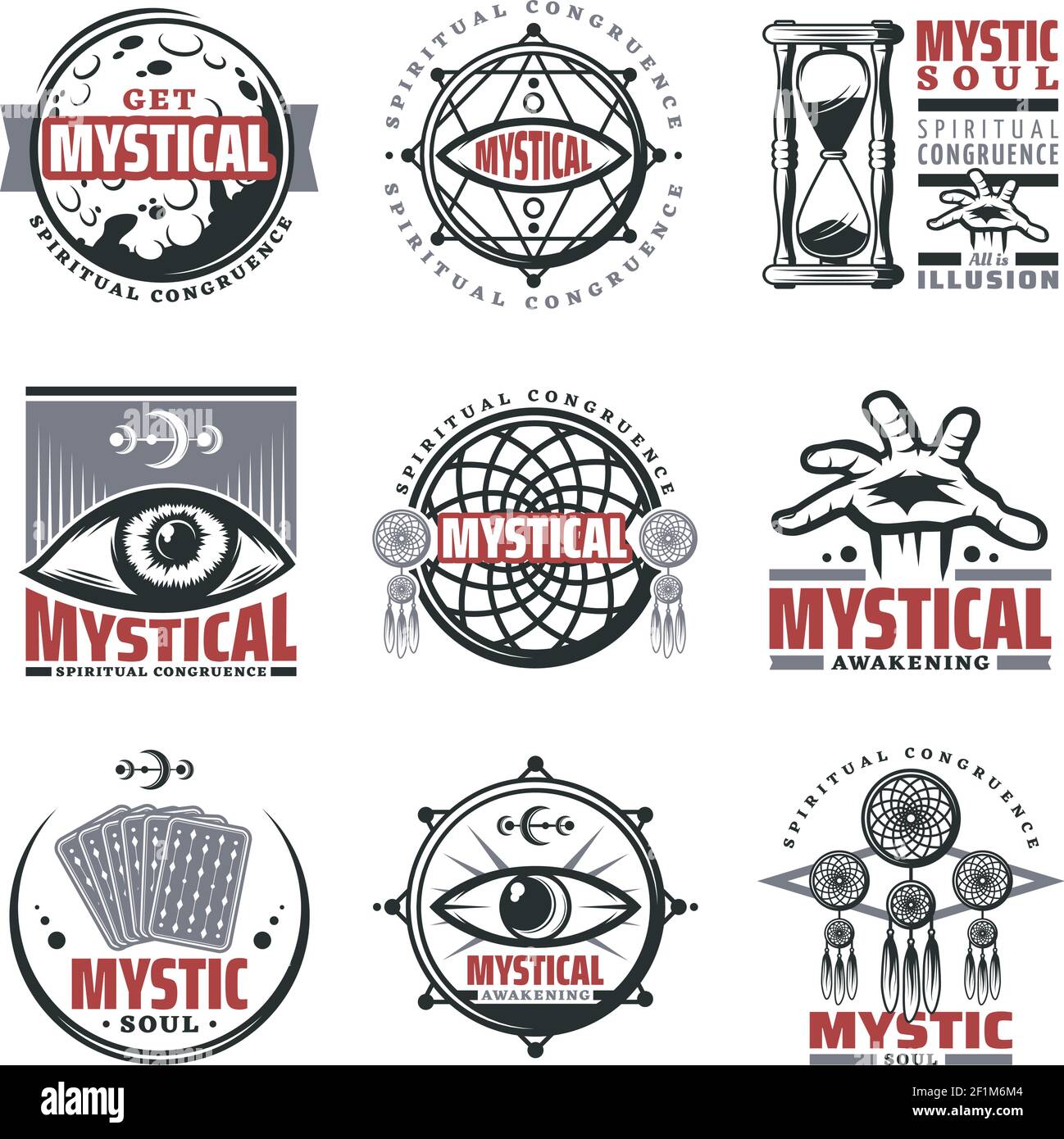 Vintage mystical spiritual emblems set with inscriptions moon sandglass ...