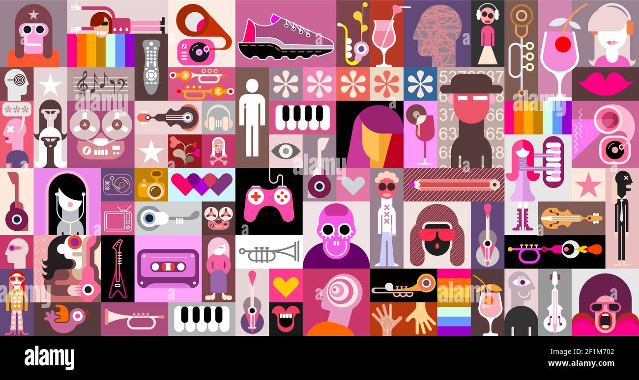 Pop art vector collage of characters, people avatars, different objects ...