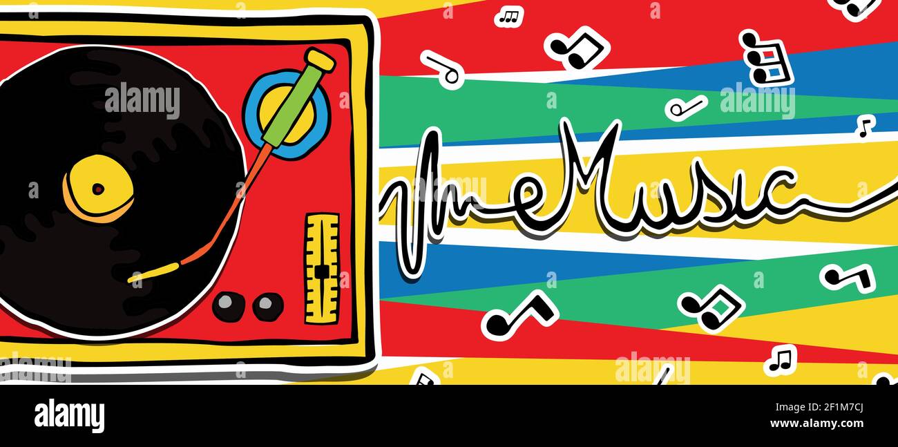 Colorful retro turntable vinyl banner illustration in 80s comic hand ...