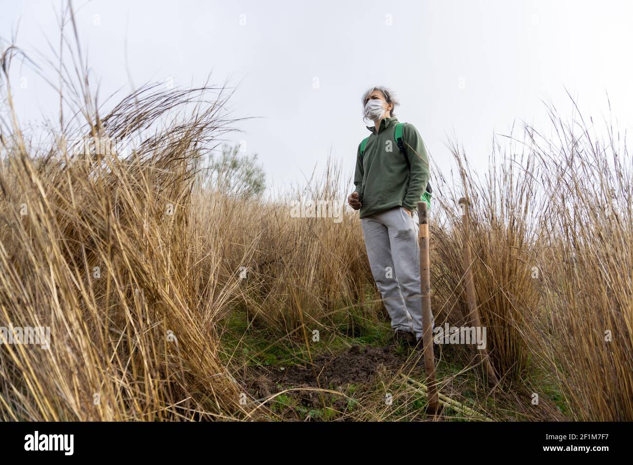 Stock photo of hard working woman wearing face mask using shovel in the ...