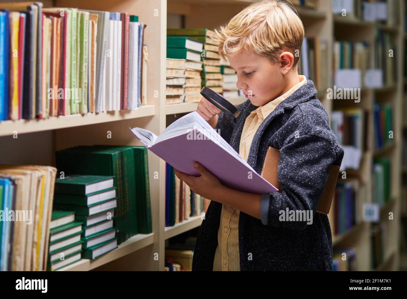 preschool boy reading book in library with patience, caucasian kid boy ...