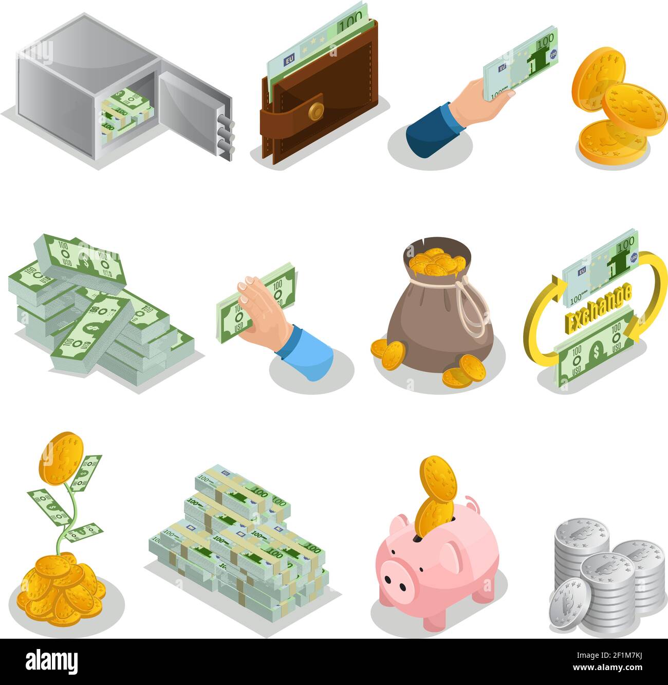 Isometric cash icons set with bank safe wallet currency bag of gold ...