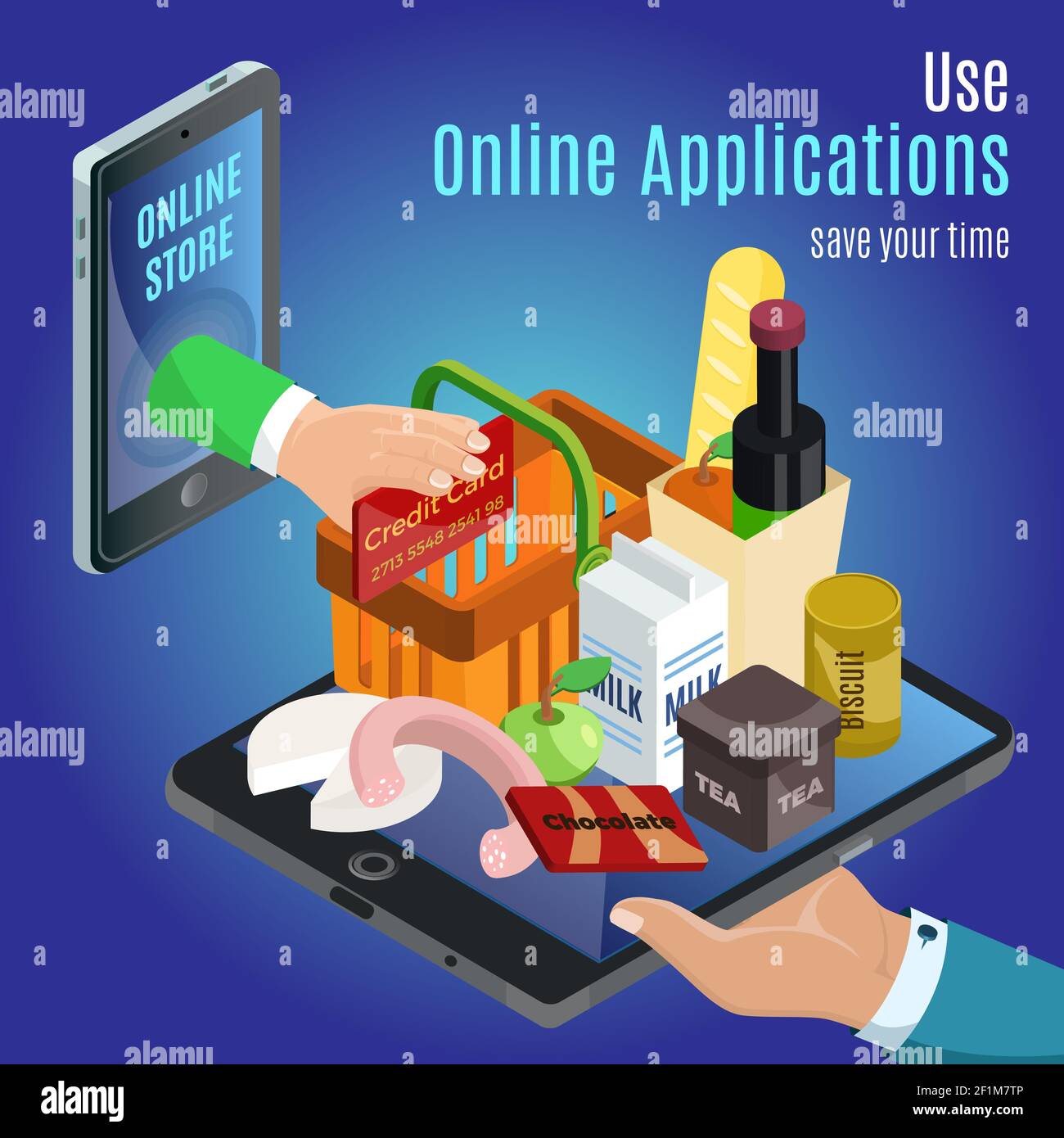 Isometric online order concept with hand holding different products on ...