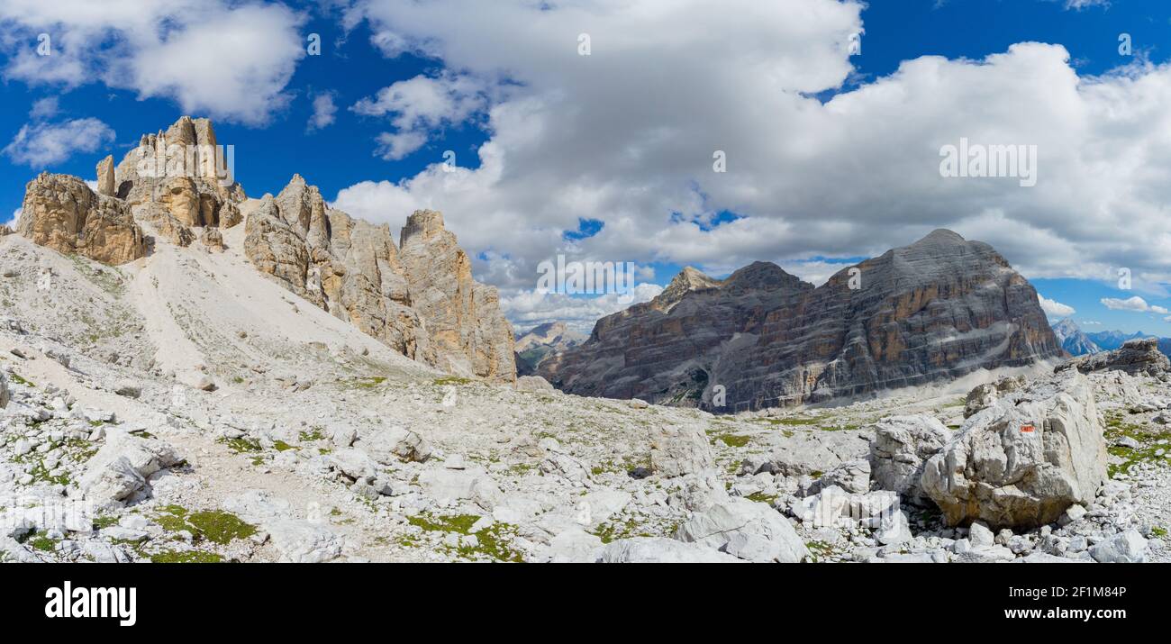 Panorama view of wild mountain landscape with rocky peaks and a hiking ...