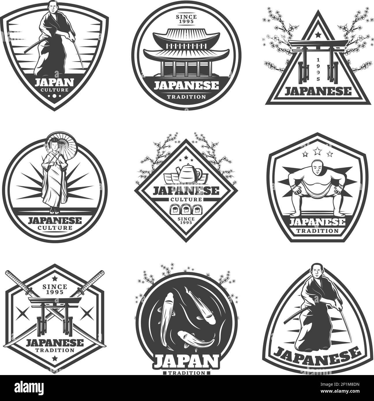 Vintage japanese culture labels set with samurai woman sumo player and ...