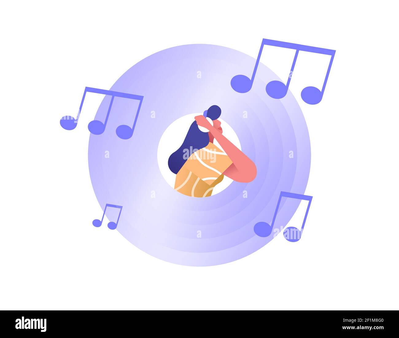 Woman listening to music inside vinyl record icon with headphones ...