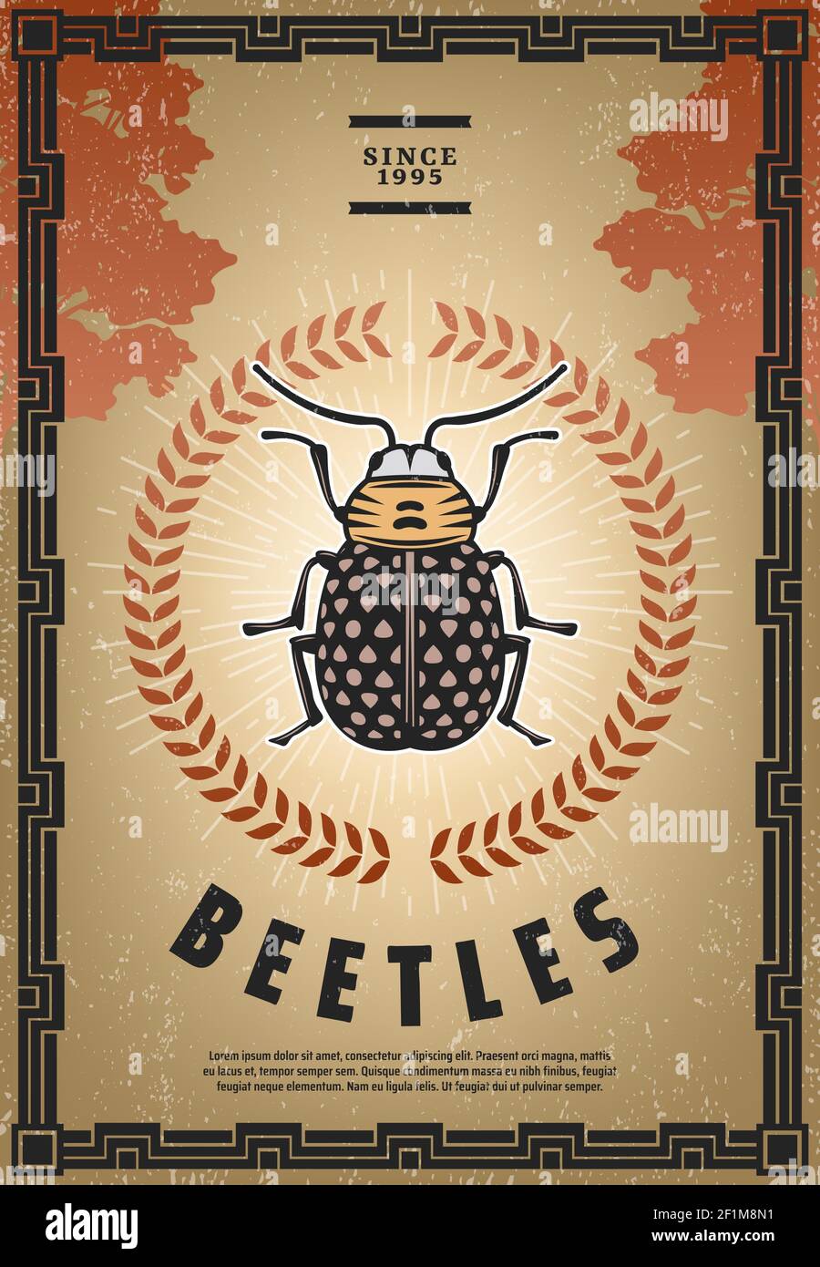 Vintage colored beetle poster with inscription small bug in center of ...