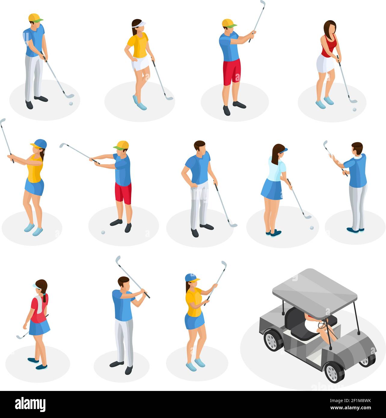 Isometric golf players collection with cart and golfers holding clubs ...