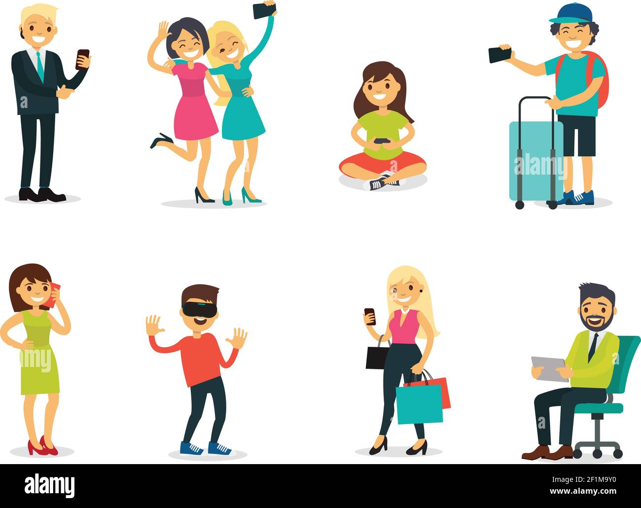 Different characters and modern technology set with people using phones ...