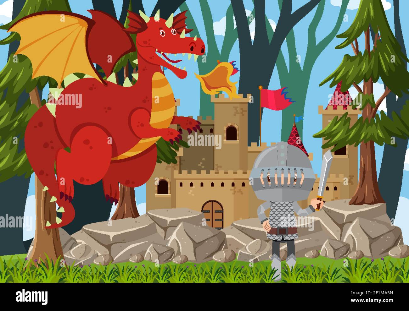 Outdoor castle scene with dragon and knight cartoon character ...