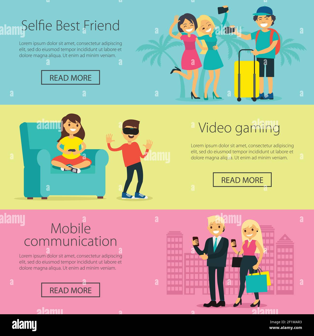 Modern electronic technology horizontal banners with people using ...