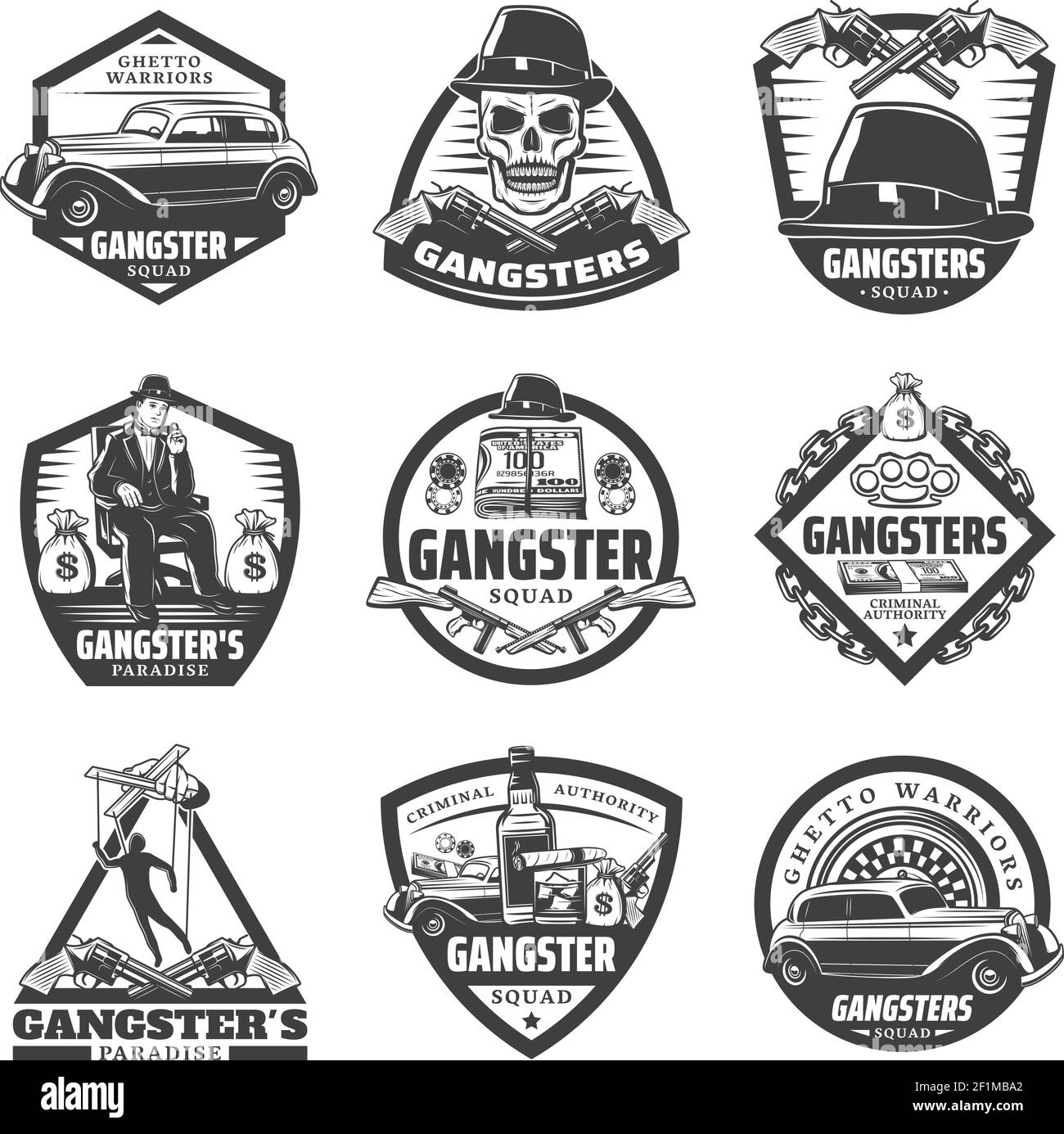 Vintage gangster labels set with mafia boss car weapon money gambling ...