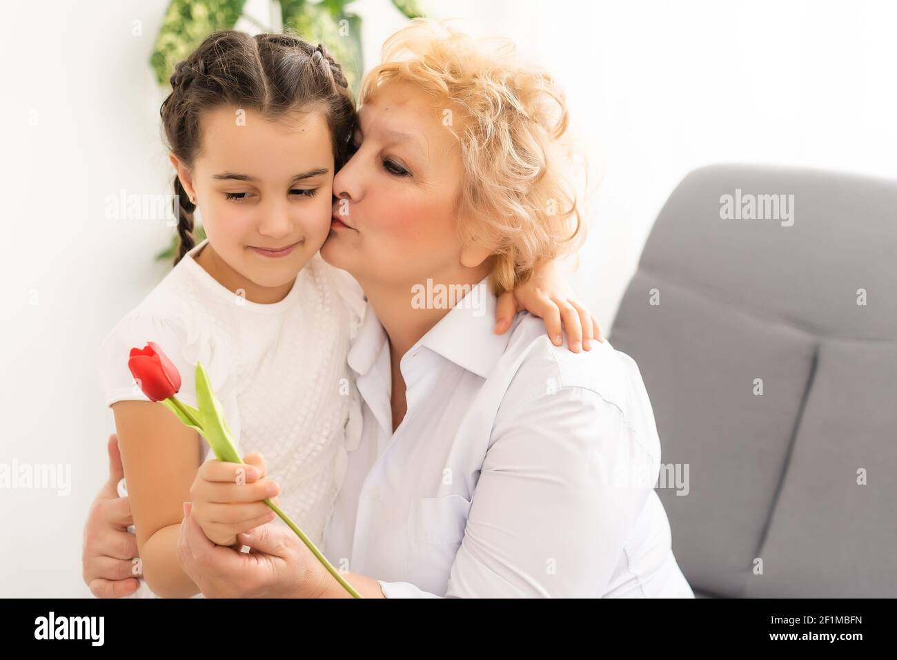 Cute girl giving a flower to her grandmother. Happy senior grandma ...