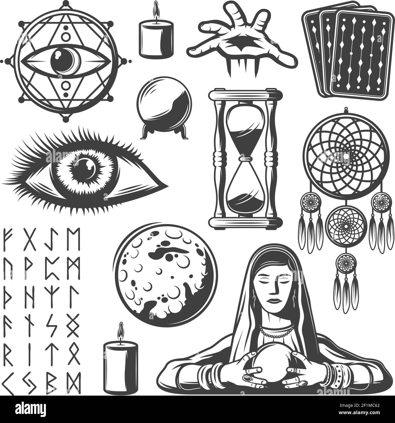 Vintage mystic elements set with third eye fortune teller candle tarot ...