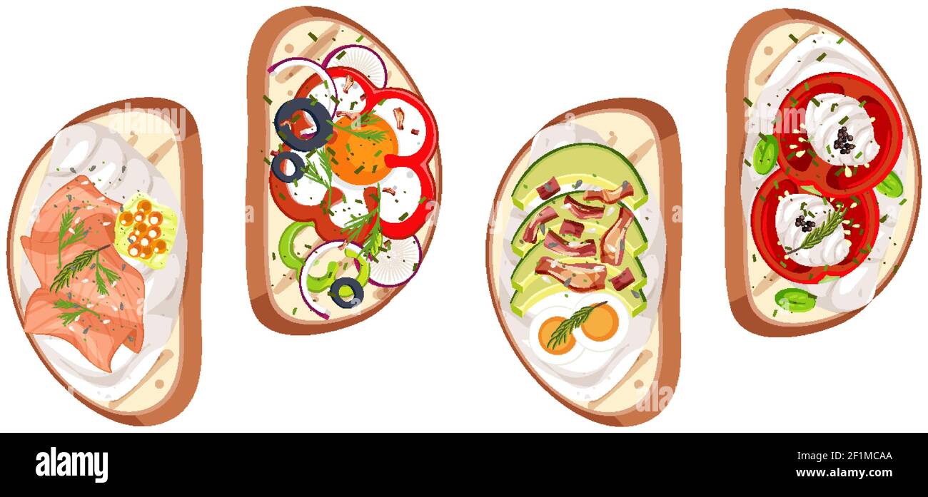 Set of bruschetta with topping isolated illustration Stock Vector Image ...