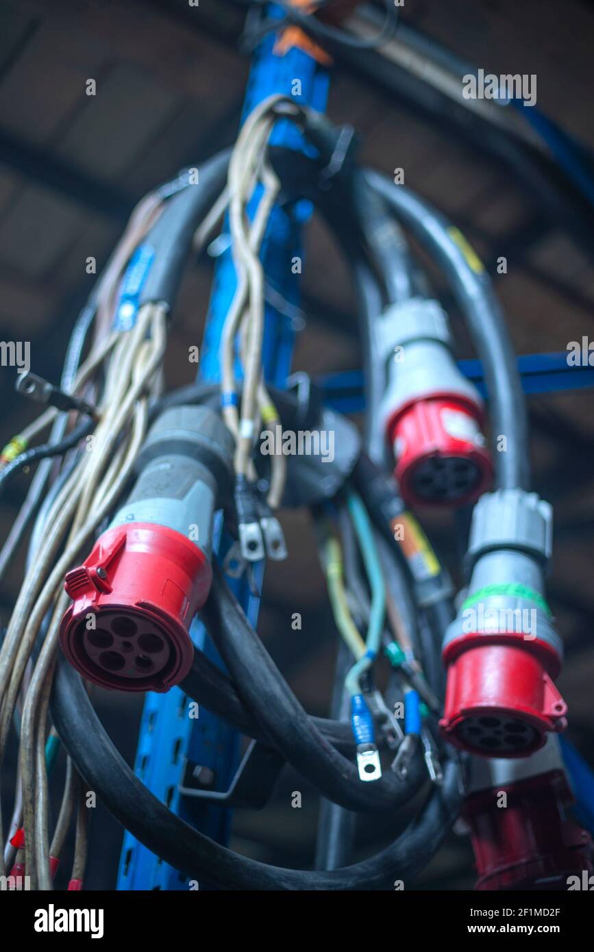 electrical wires for concert light. Stage preparation Stock Photo - Alamy